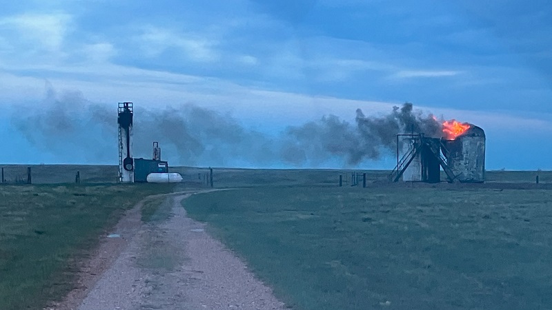Oil well storage tank fire in Banner County believed caused by lightning