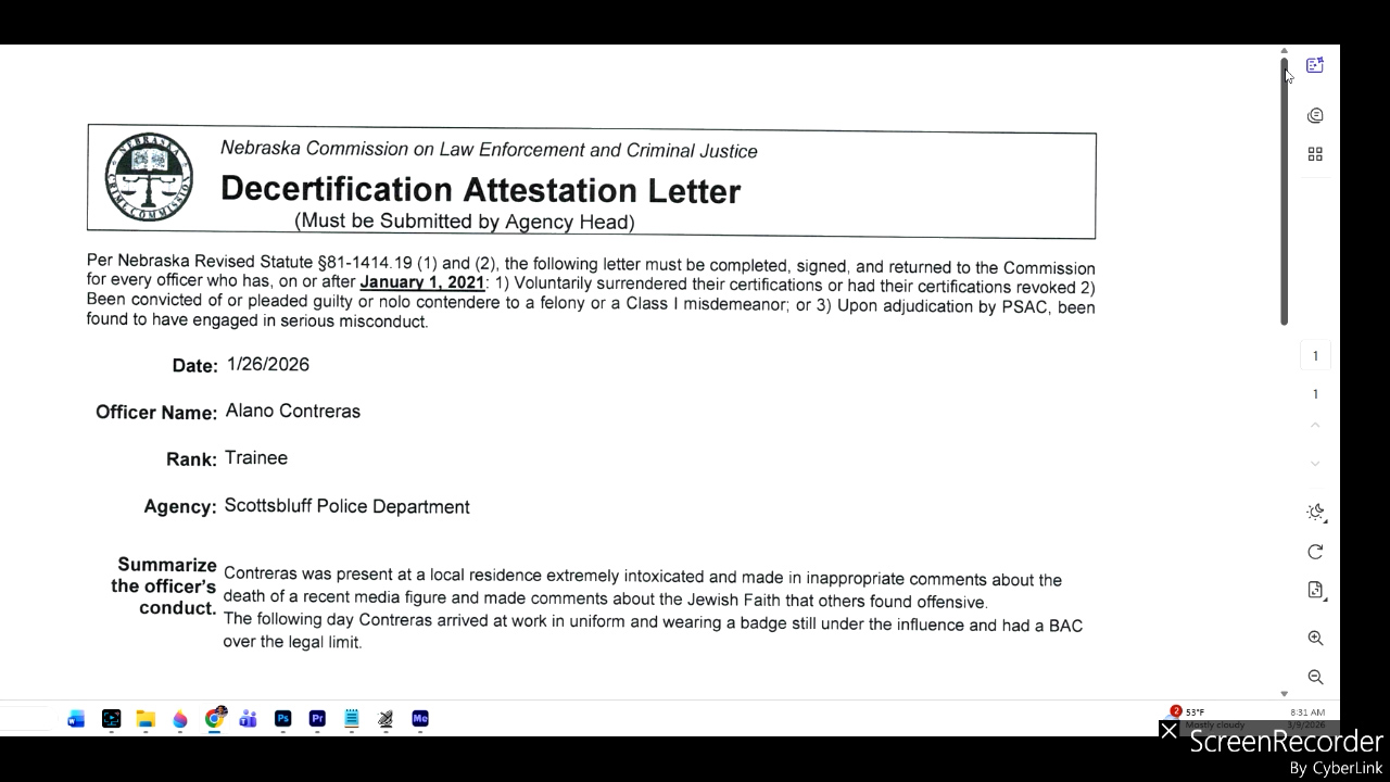 Scottsbluff Police Trainee Decertified from Nebraska Law Enforcement